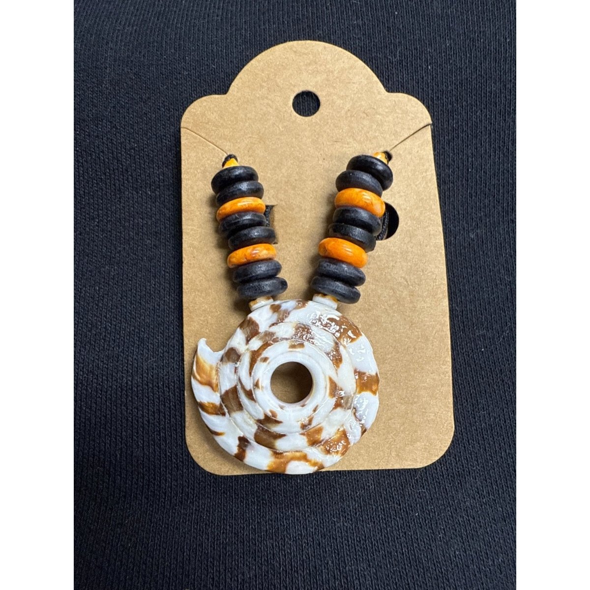 Spiral Shell Necklace with Black and Coral Beads, 1" shell — Leilanis Attic